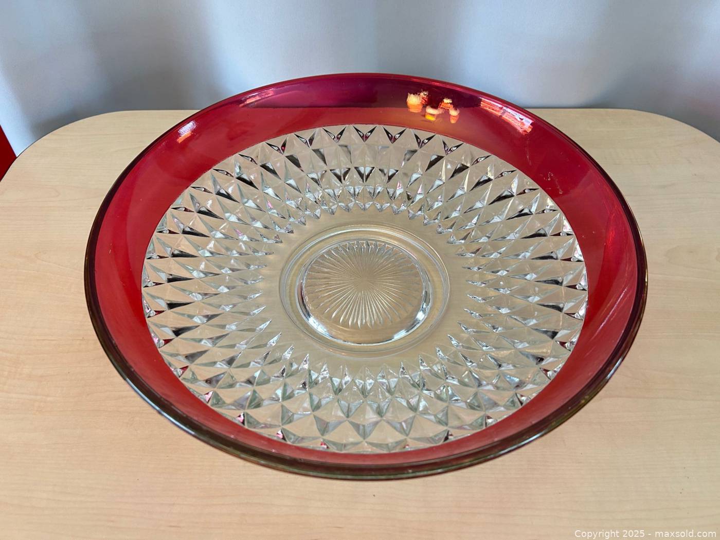 Vintage ruby-flashed pressed glass bowl 13.75" | Maxsold