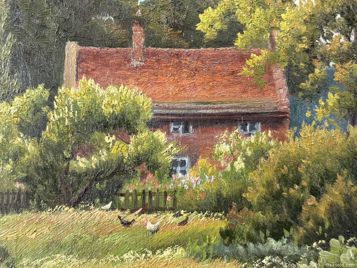 Oil on board farmhouse painting signed C.F. Ogle | Maxsold