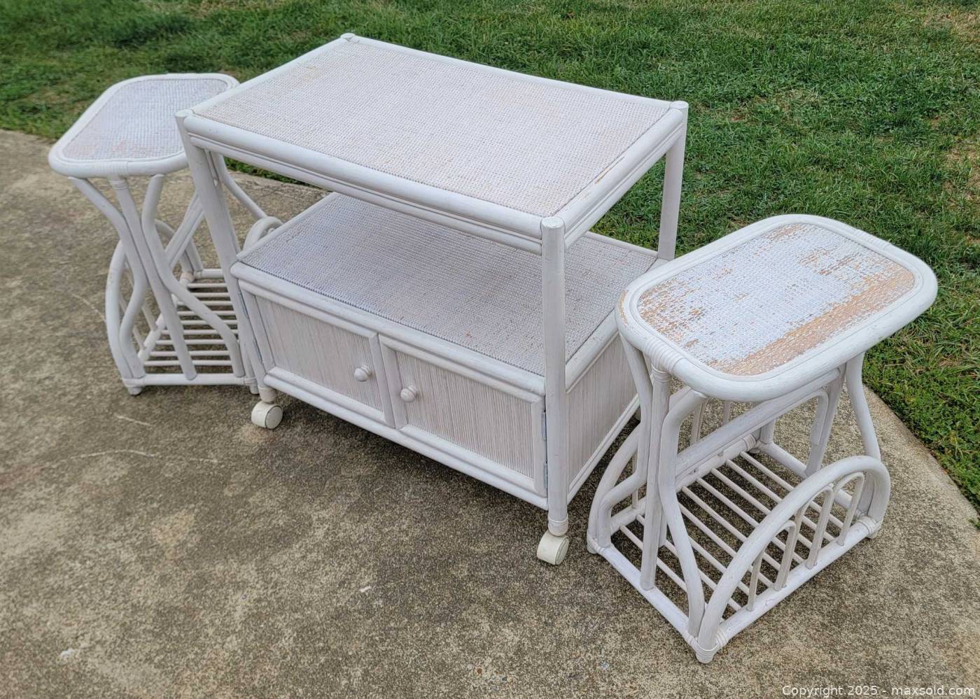 Vintage rattan rolling console table with two side tables | Maxsold
