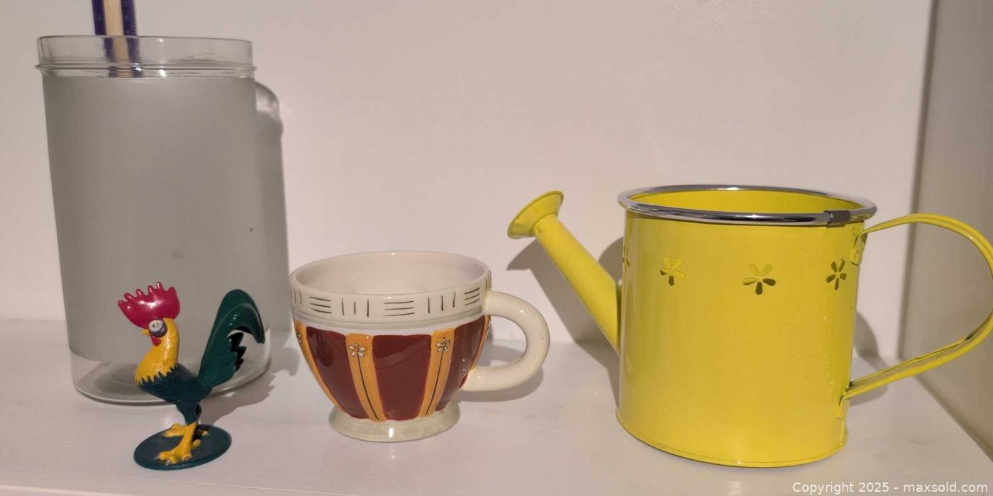 Frosted Glass Jar, Ceramic Mug, Yellow Watering Can, Disney Rooster ...