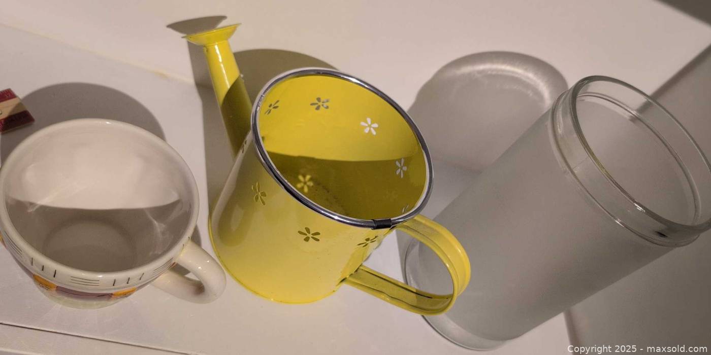 Frosted Glass Jar, Ceramic Mug, Yellow Watering Can, Disney Rooster ...