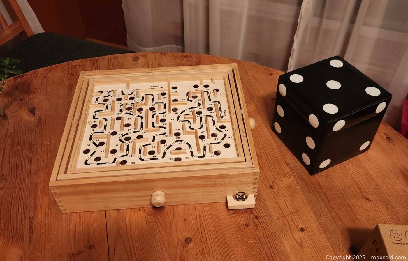 Wooden labyrinth tilt maze and dice game set | Maxsold