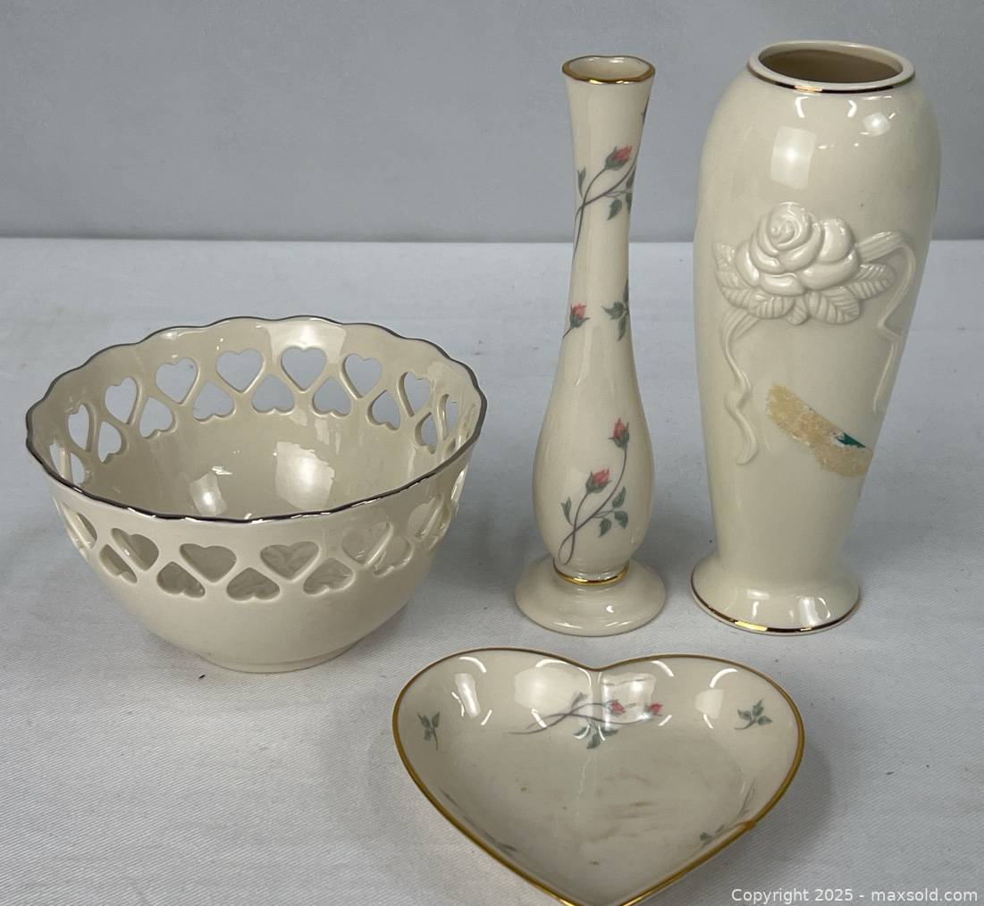 Lenox porcelain vases, heart dish and reticulated bowl | Maxsold
