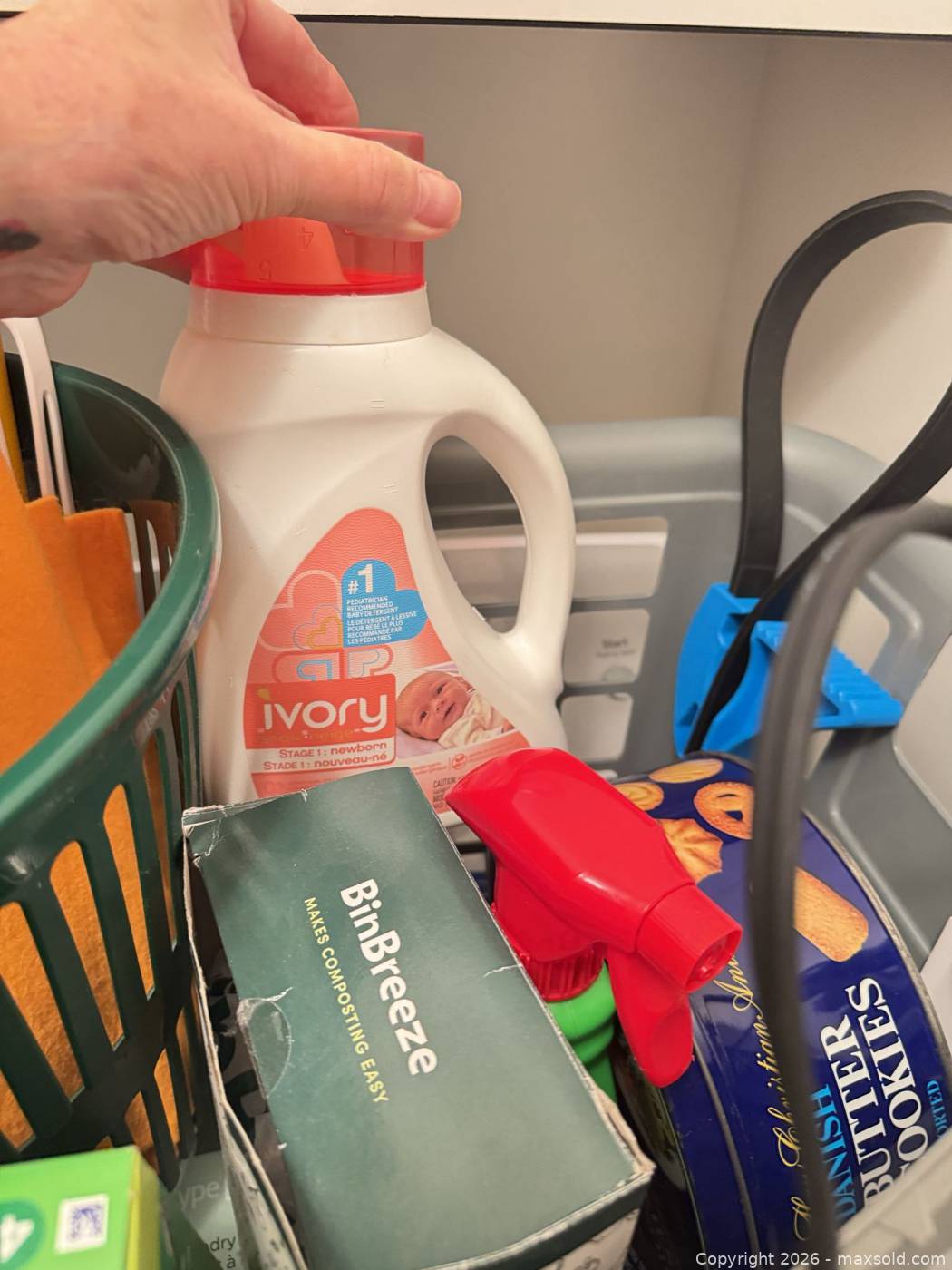 Household cleaning items, iron, Moen cover plate | Maxsold