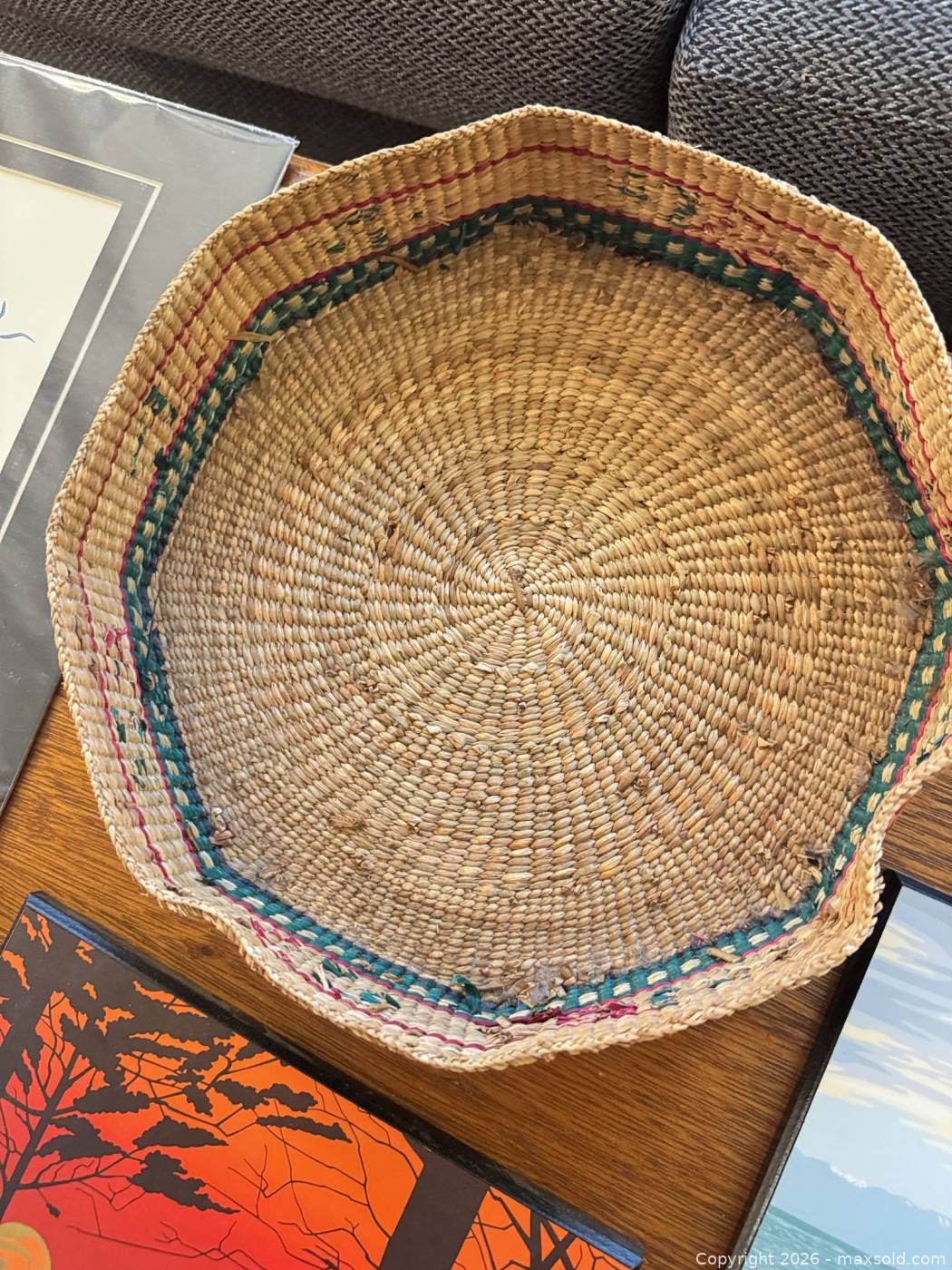 Woven basket, signed numbered matted print, art panels and coasters ...