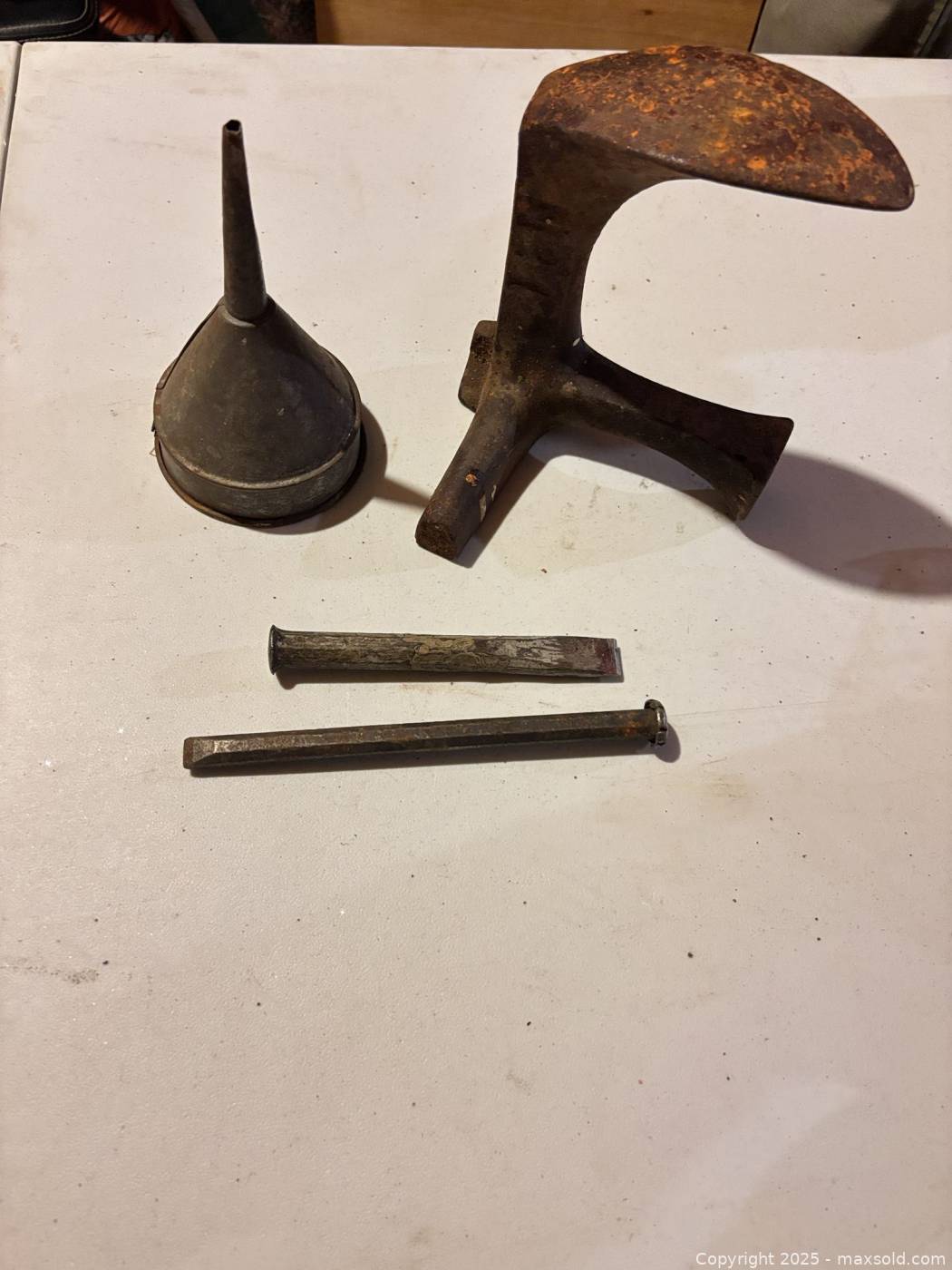 Cobbler's Shoe Anvil, Funnel and Steel Rods | Maxsold