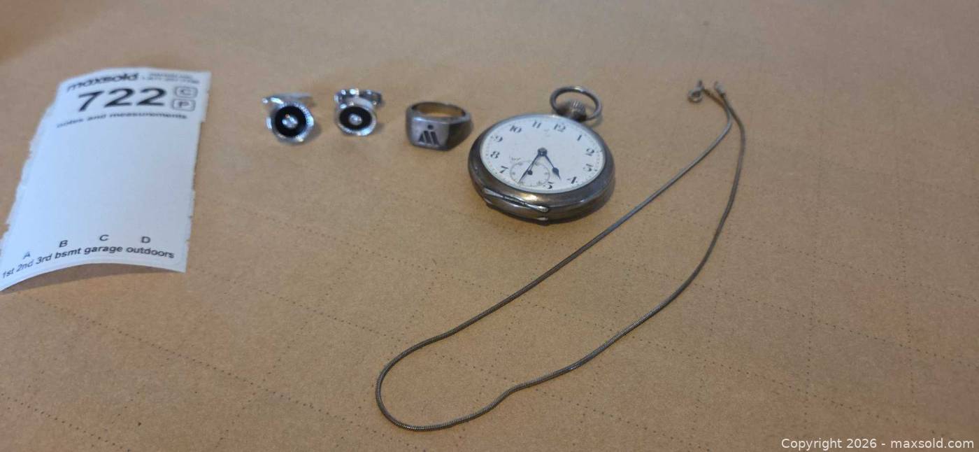 Silvertone pocket watch, sterling ring, cufflinks and chain | Maxsold