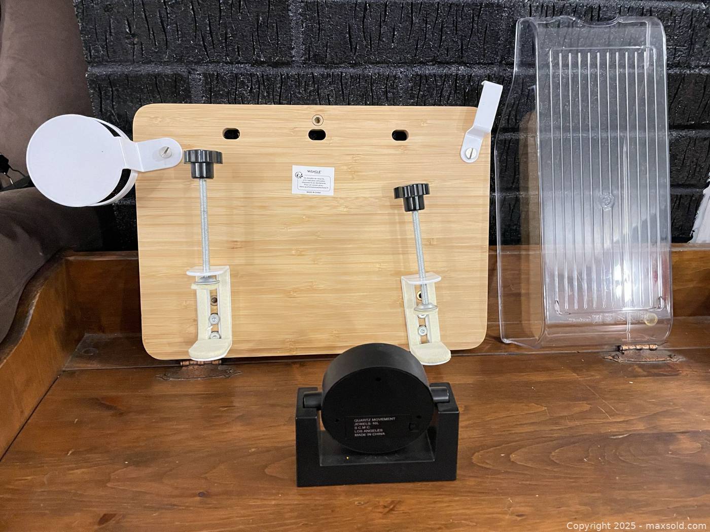 Adjustable bamboo lap desk, plastic tray, clock | Maxsold