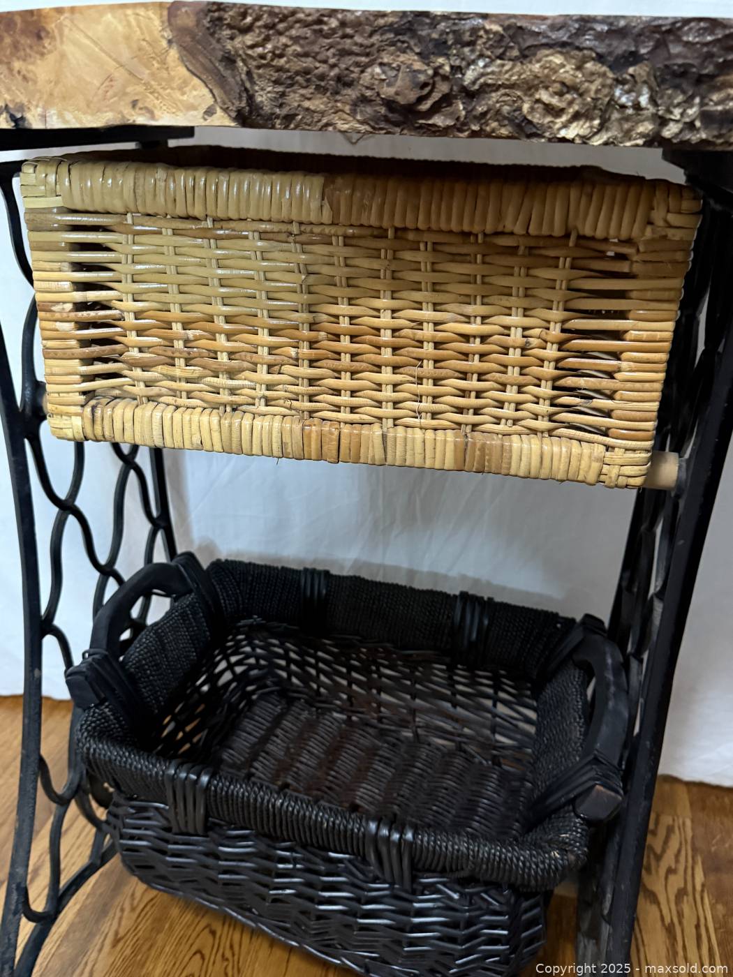 Repurposed Singer treadle base table with live-edge top and two wicker ...