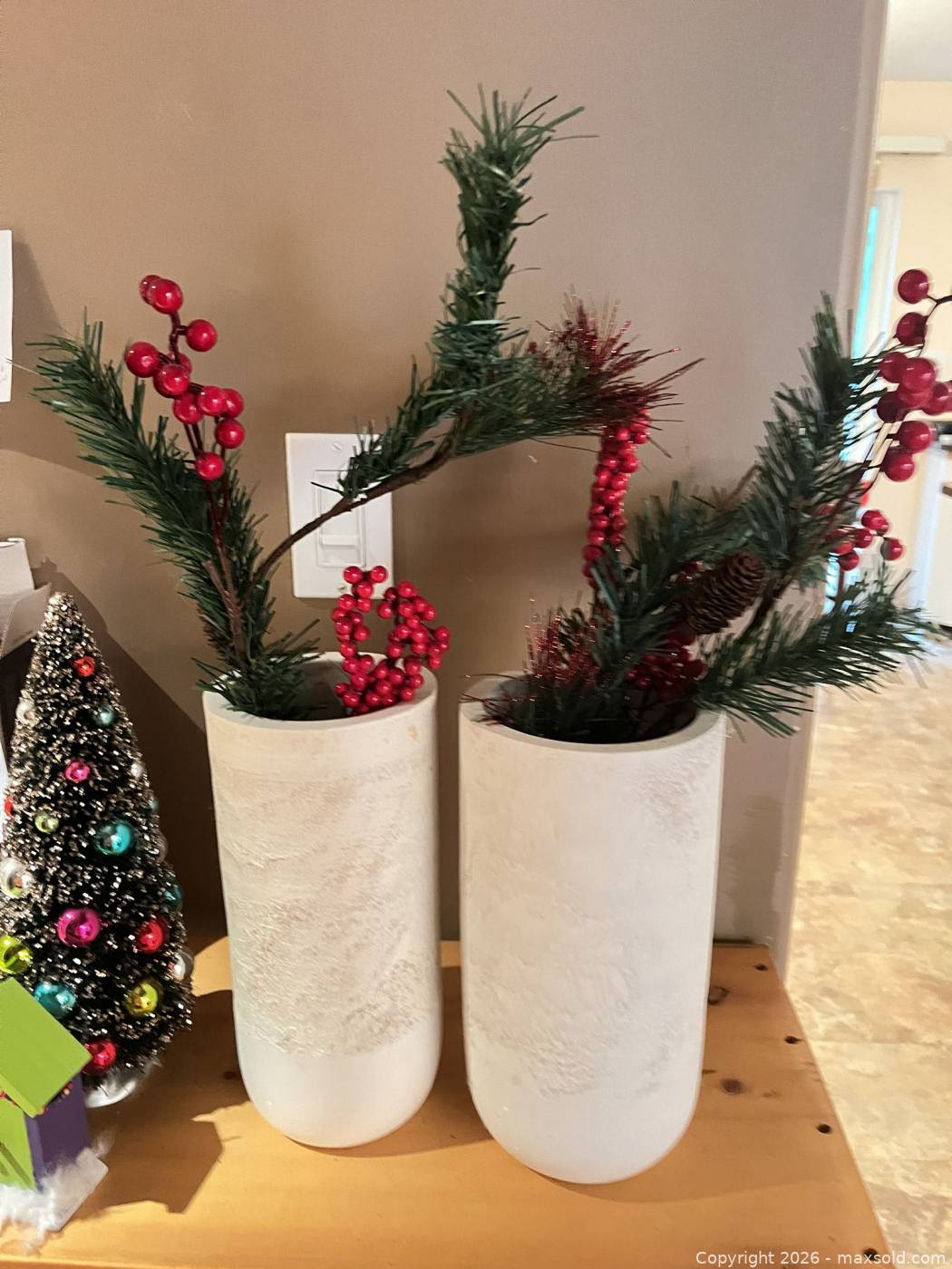 Indigo white wooden vases, bottle brush tabletop tree, small green ...