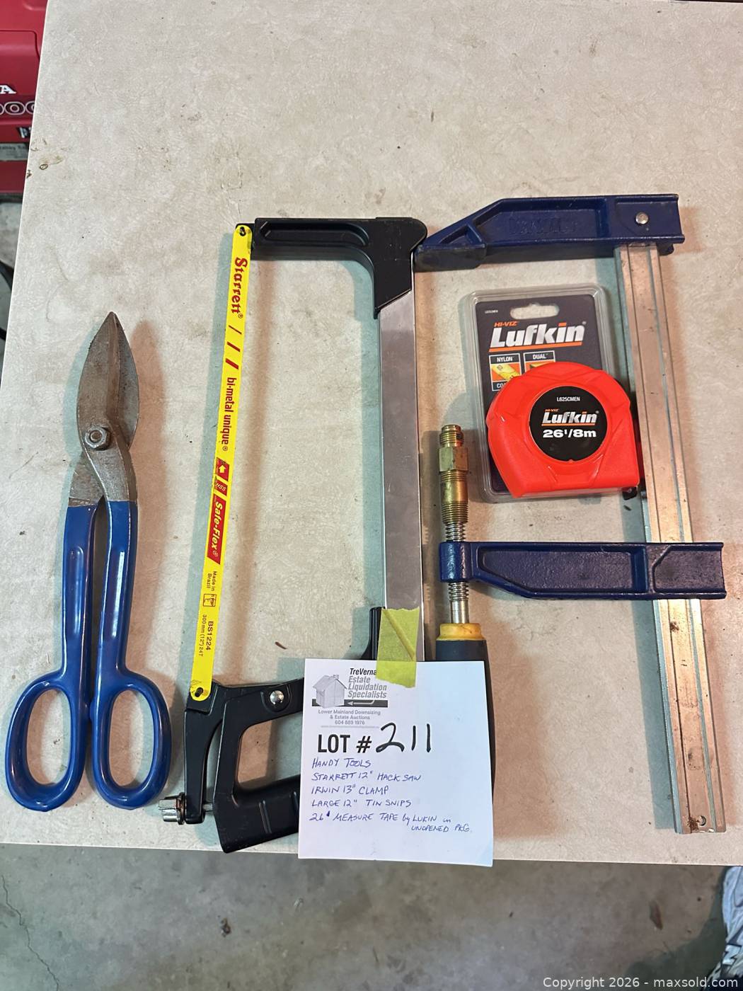 Starrett hacksaw, Irwin speed clamp, tin shears, Lufkin 26' tape | Maxsold