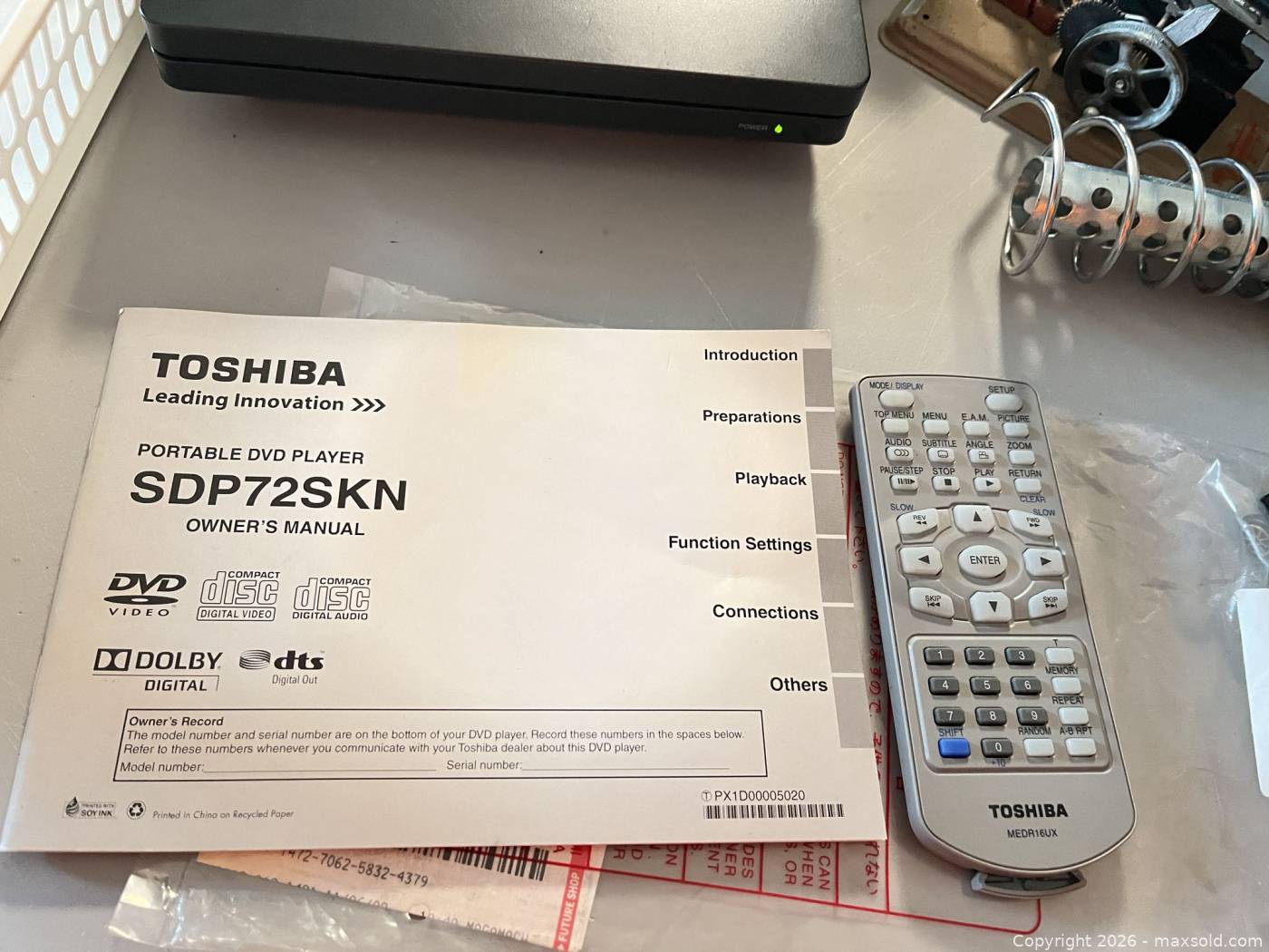 Toshiba portable DVD player, desk lamp, Travis singing trout ...