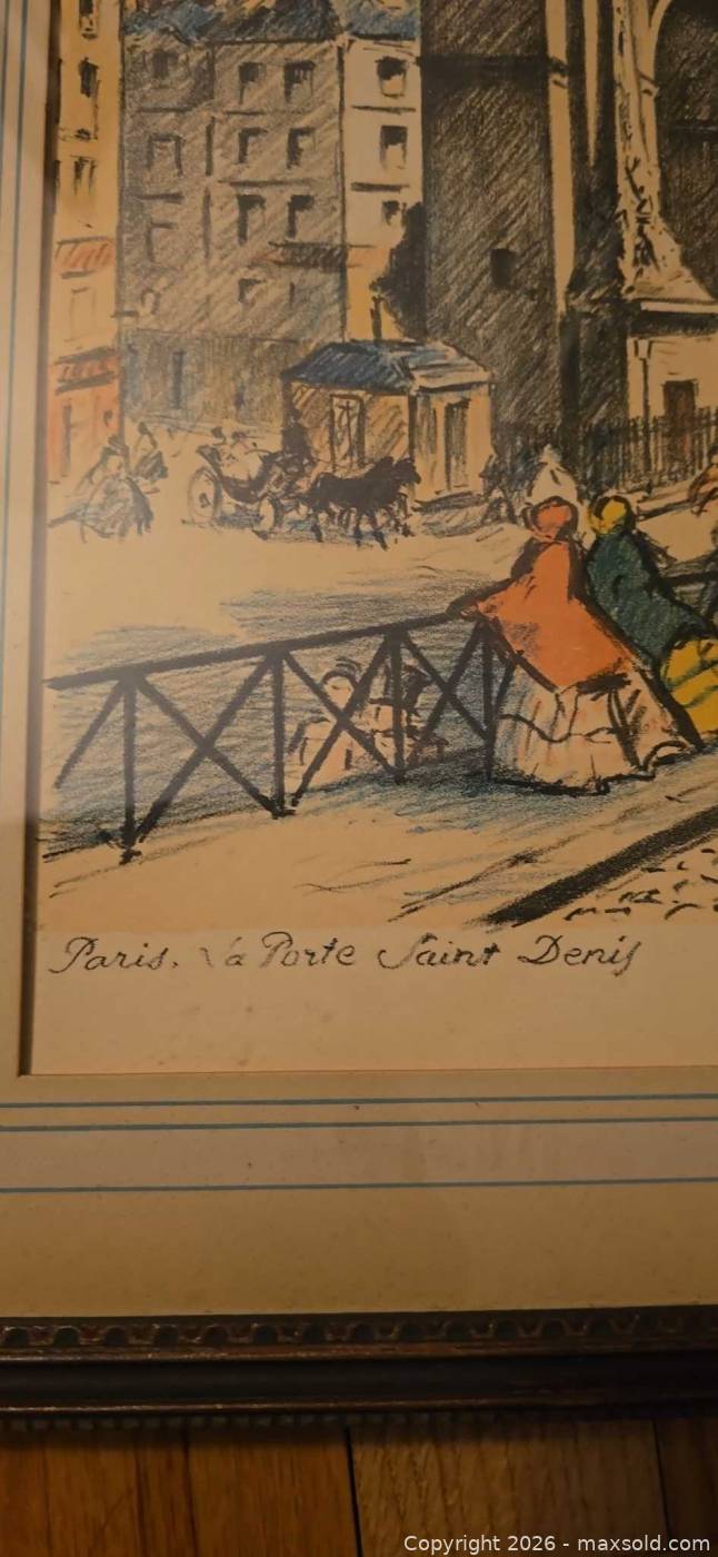 Pair framed hand-colored Paris prints signed Marcel Bloch | Maxsold