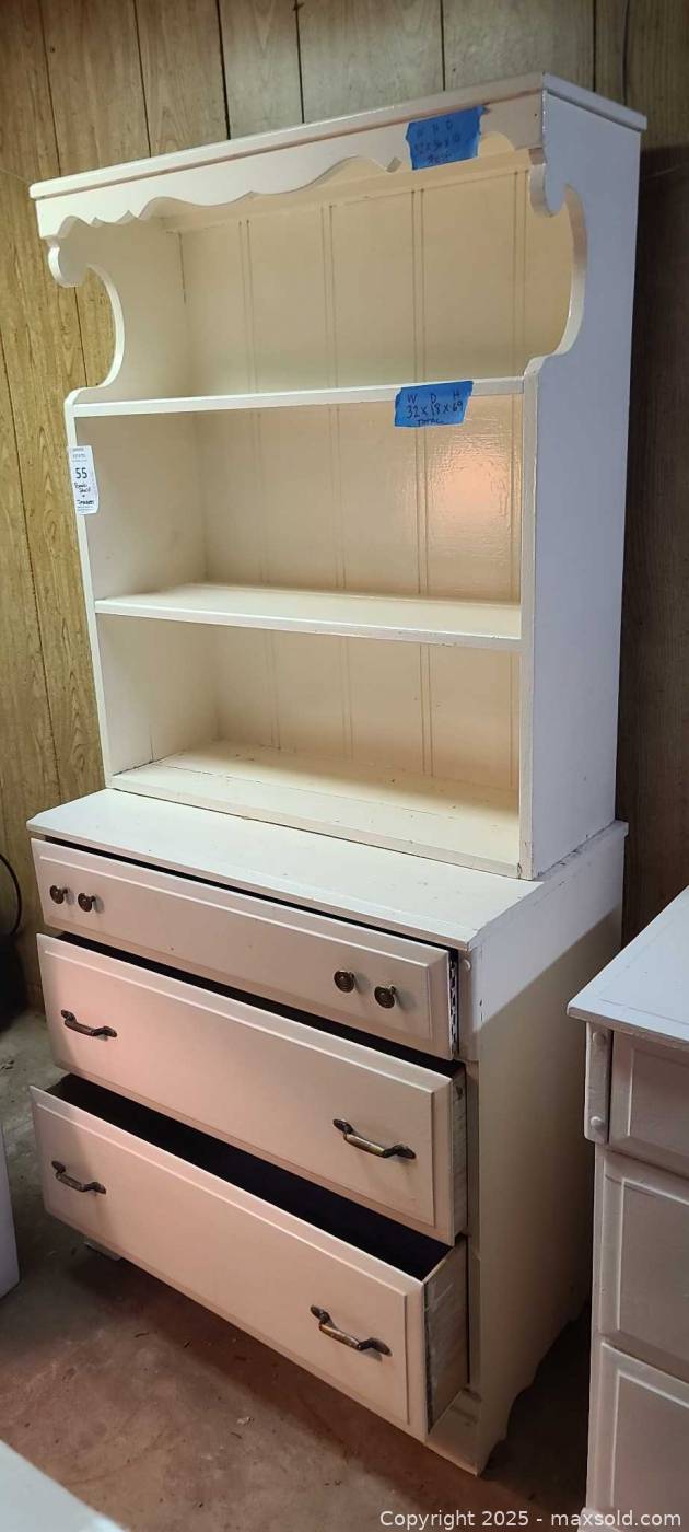 Off-white two-piece wood hutch with shelves and 3 drawers | Maxsold