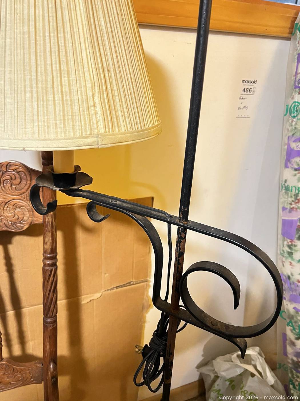 Carved Wooden Caned Side Chair and Wrought-Iron Floor Lamp | Maxsold
