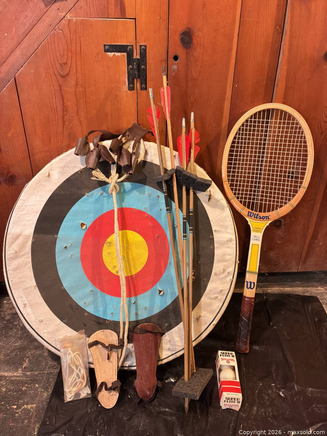 Archery target, arrows, accessories, Wilson wooden tennis racket, boxed ...