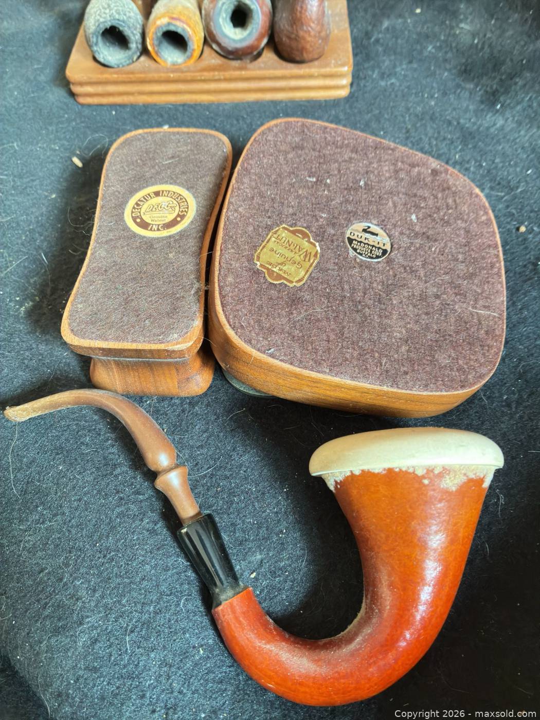 Vintage smoking accessories lot: pipes, rack, ashtray, Zippo lighter ...