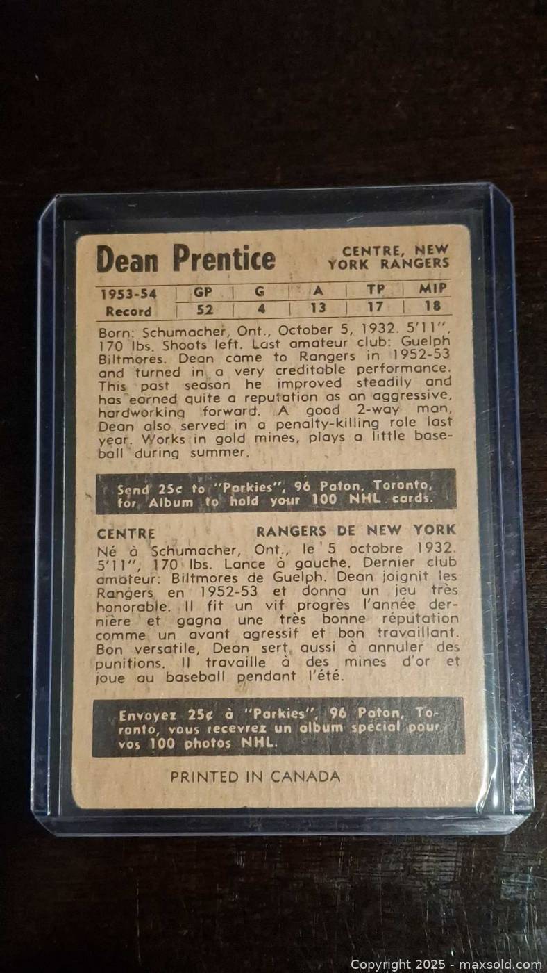 1954 Parkhurst Dean Prentice rookie hockey card | Maxsold