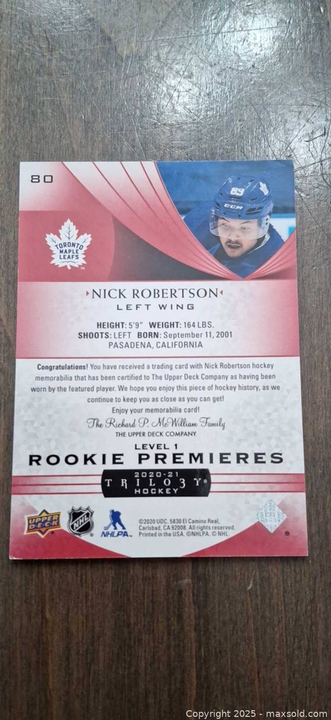 Nick Robertson Trilogy Rookie Premieres Jersey Card #142/499 | Maxsold