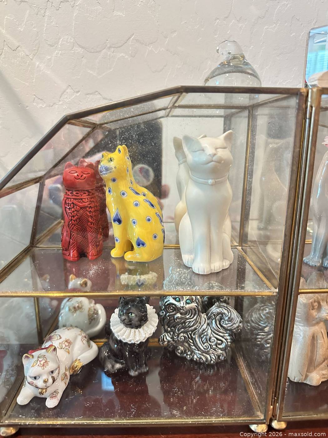 12 Cat Figurines and Brass Glass Display Case | Maxsold