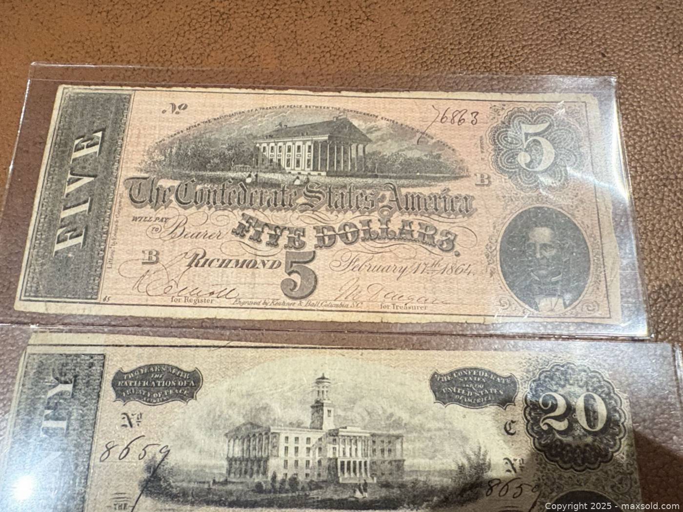 Confederate States of America $20 and $5 Banknotes 1864 | Maxsold