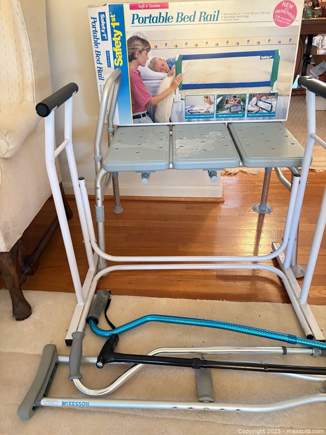Transfer bench, portable bed rail, crutch and cane | Maxsold