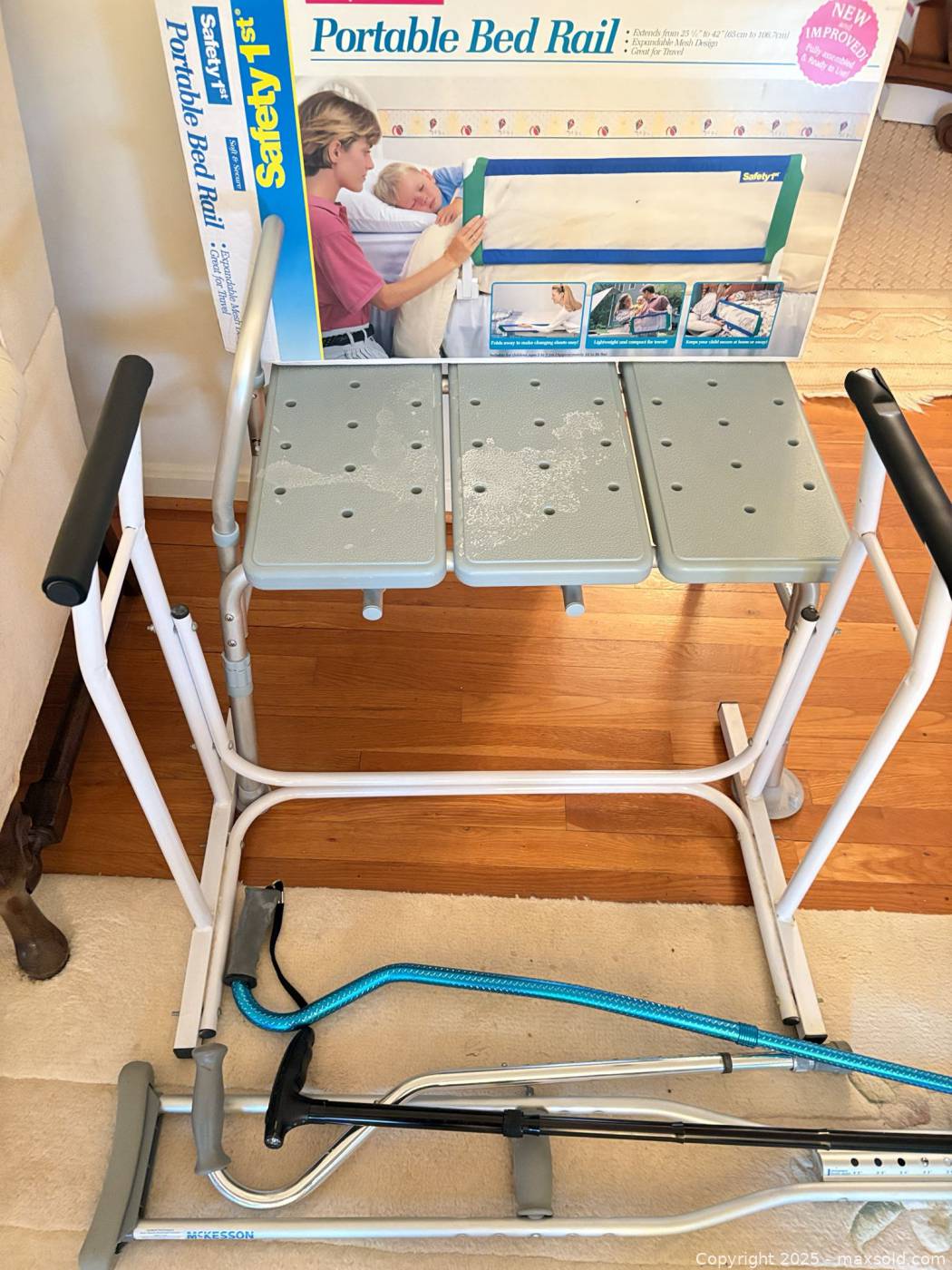 Transfer bench, portable bed rail, crutch and cane | Maxsold