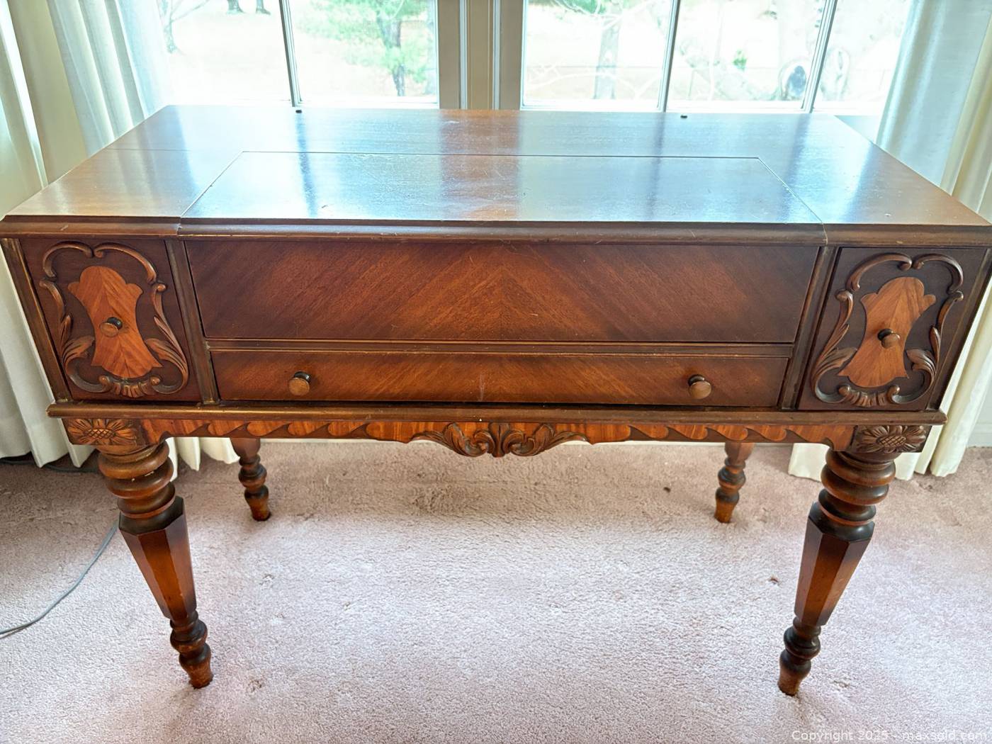 Vintage mahogany-tone drop-front secretary writing table | Maxsold