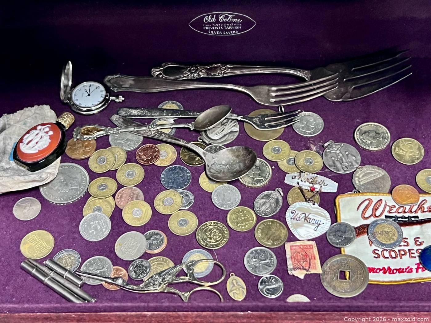 Silverware chest with coins and misc items | Maxsold