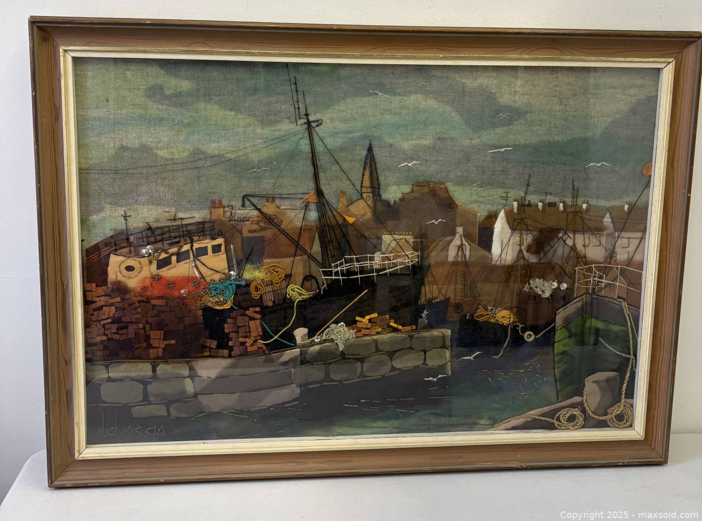 Liz Duncan signed mixed media harbour scene framed artwork | Maxsold