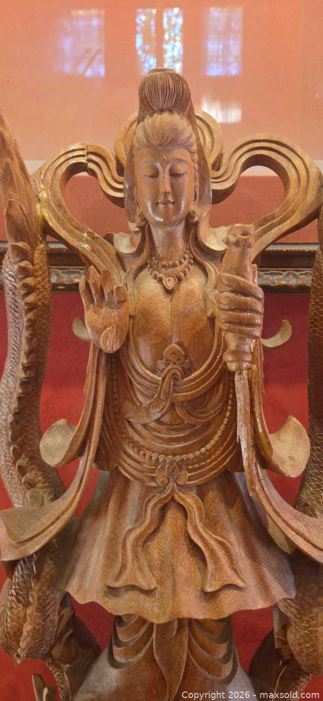 Carved Wood Female Deity Statue with Dragons | Maxsold