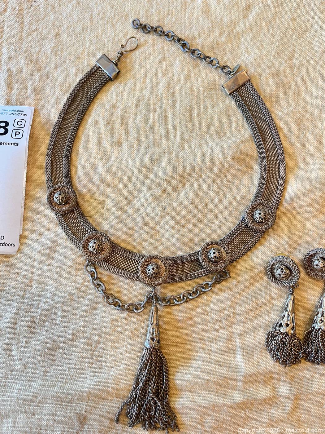 Vintage silver-tone mesh choker and tassel earrings | Maxsold