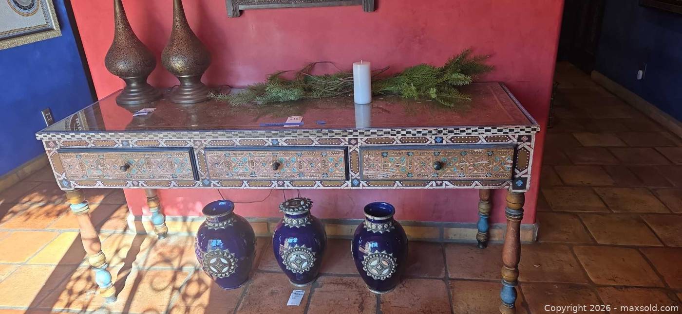 Hand-painted Moroccan-style wood console table with glass top | Maxsold