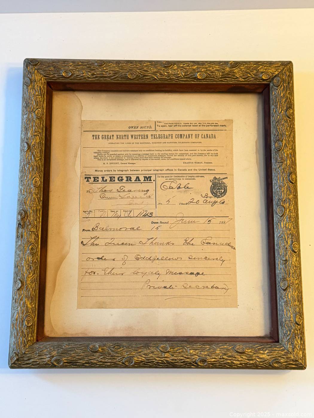 Framed 1887 Telegraph From Queen Victoria's Secretary | Maxsold
