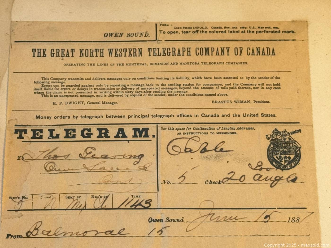 Framed 1887 Telegraph From Queen Victoria's Secretary | Maxsold