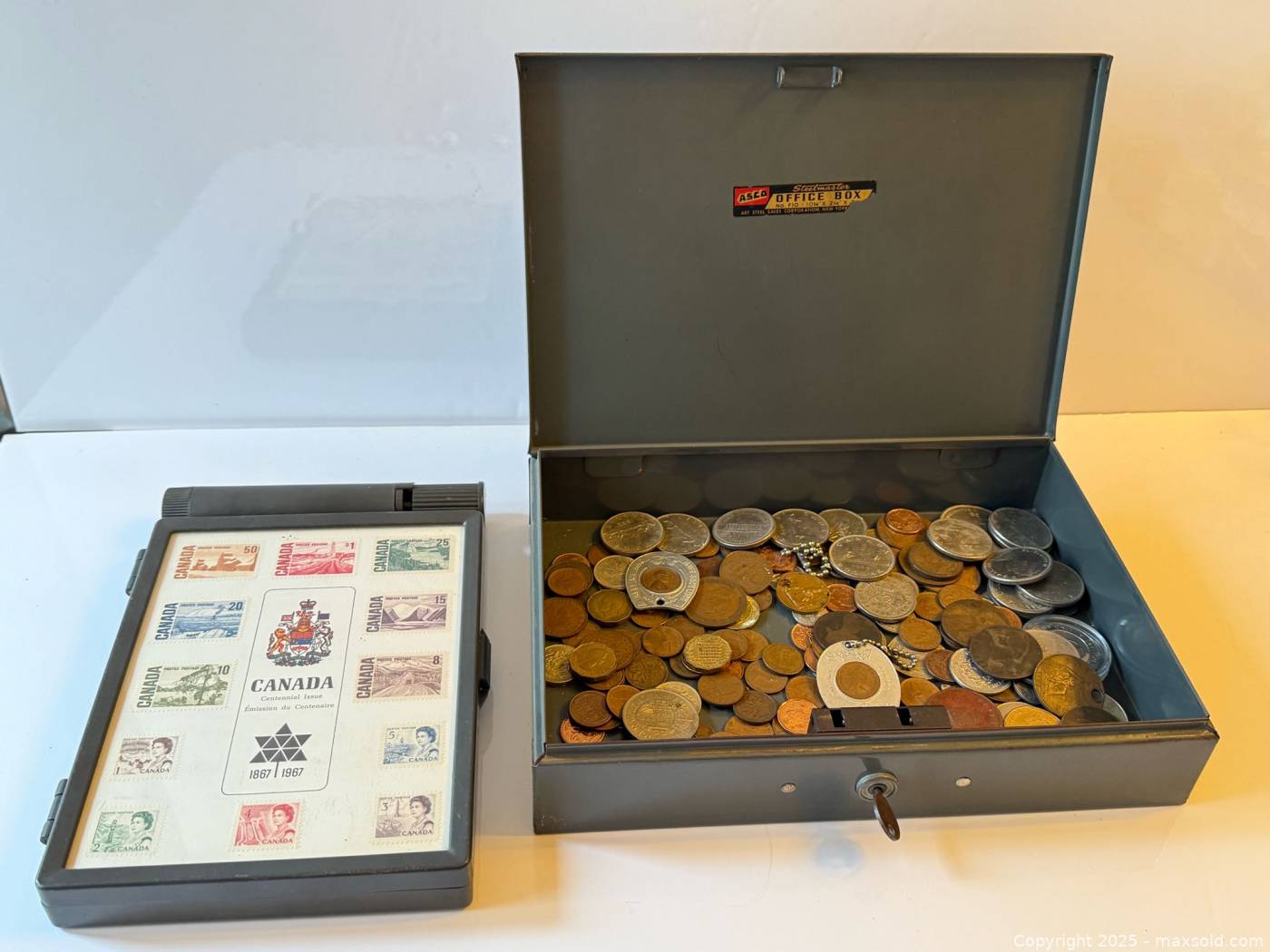 Vintage Canadian coin lot, Centennial stamp box, metal cash box | Maxsold