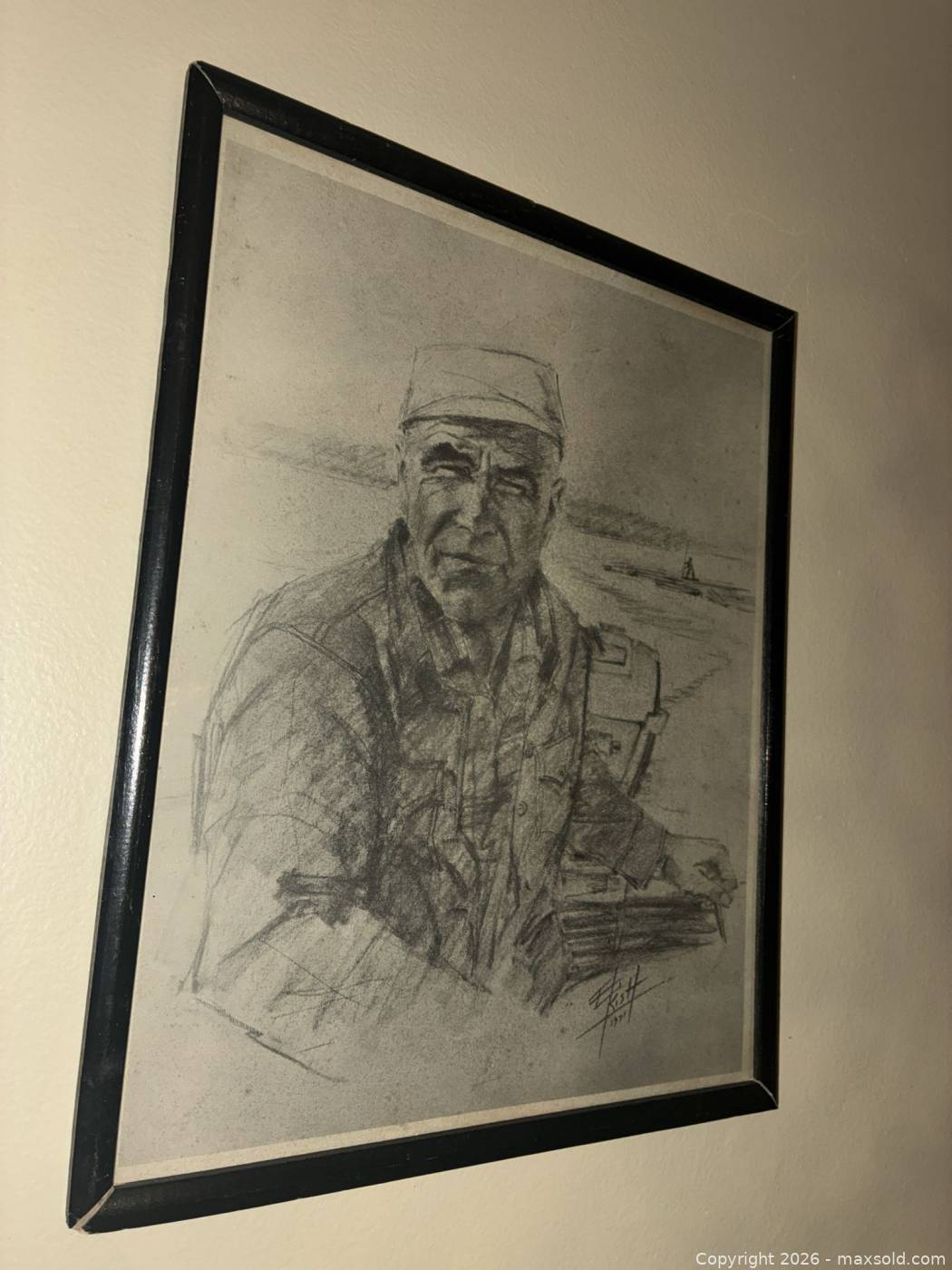Signed 1977 graphite portrait drawing, framed | Maxsold