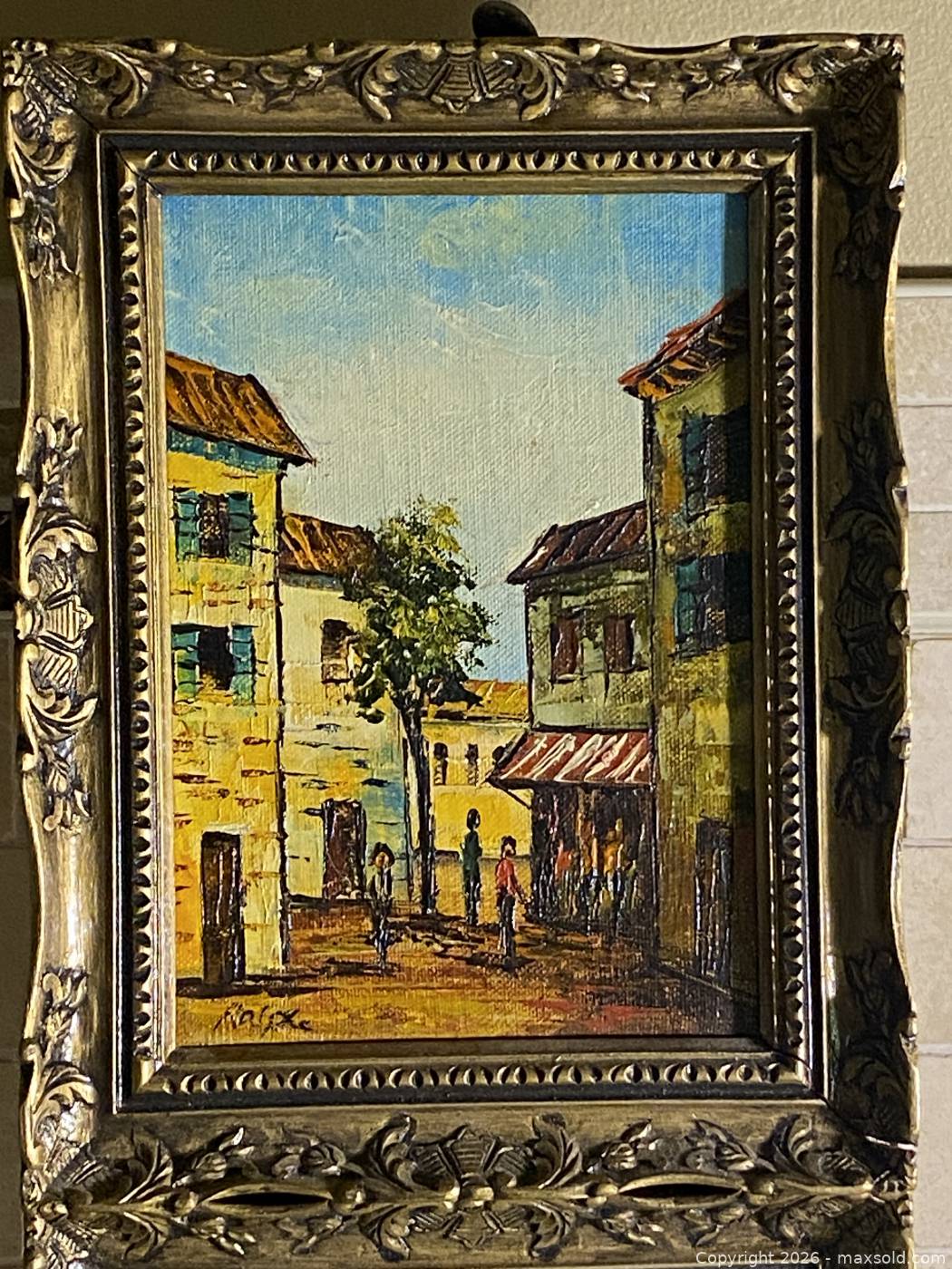 Pair of signed oil-on-wood European street scene paintings in gilt wood ...