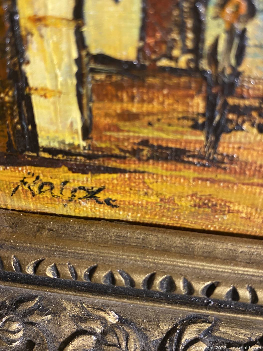 Pair of signed oil-on-wood European street scene paintings in gilt wood ...