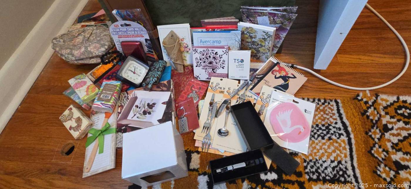 Assorted new giftware items with bin | Maxsold