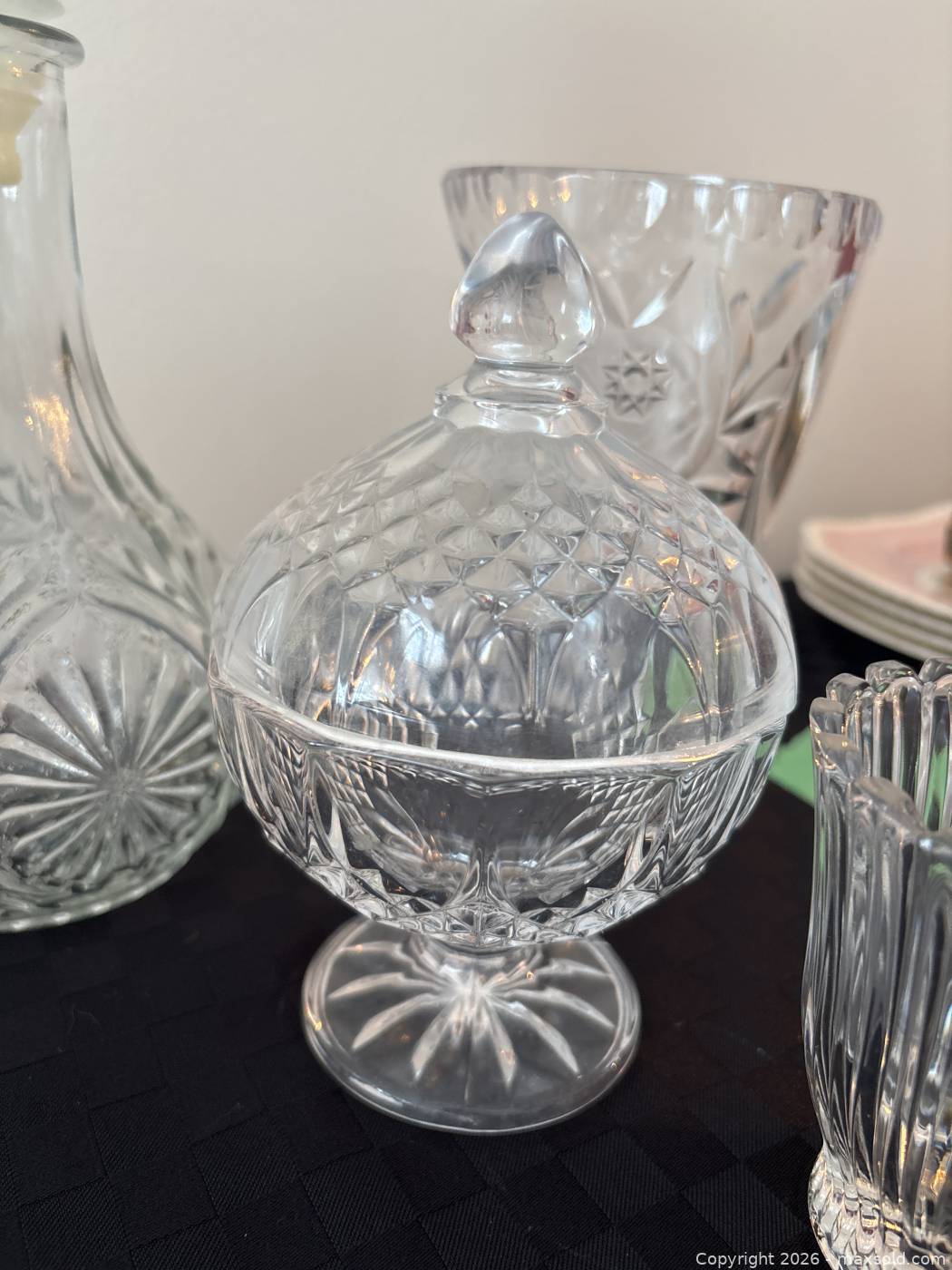Cut glass decanter, candy dish, pitcher, bowl, boot vase | Maxsold