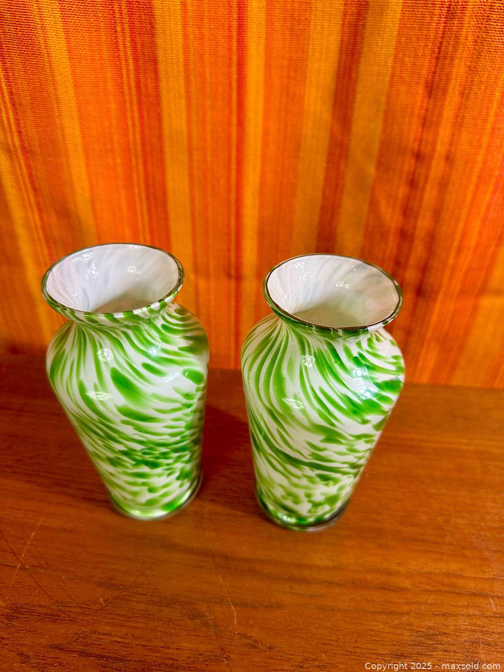 Vintage Franz Wez Bohemian green white art glass vases pair | Maxsold