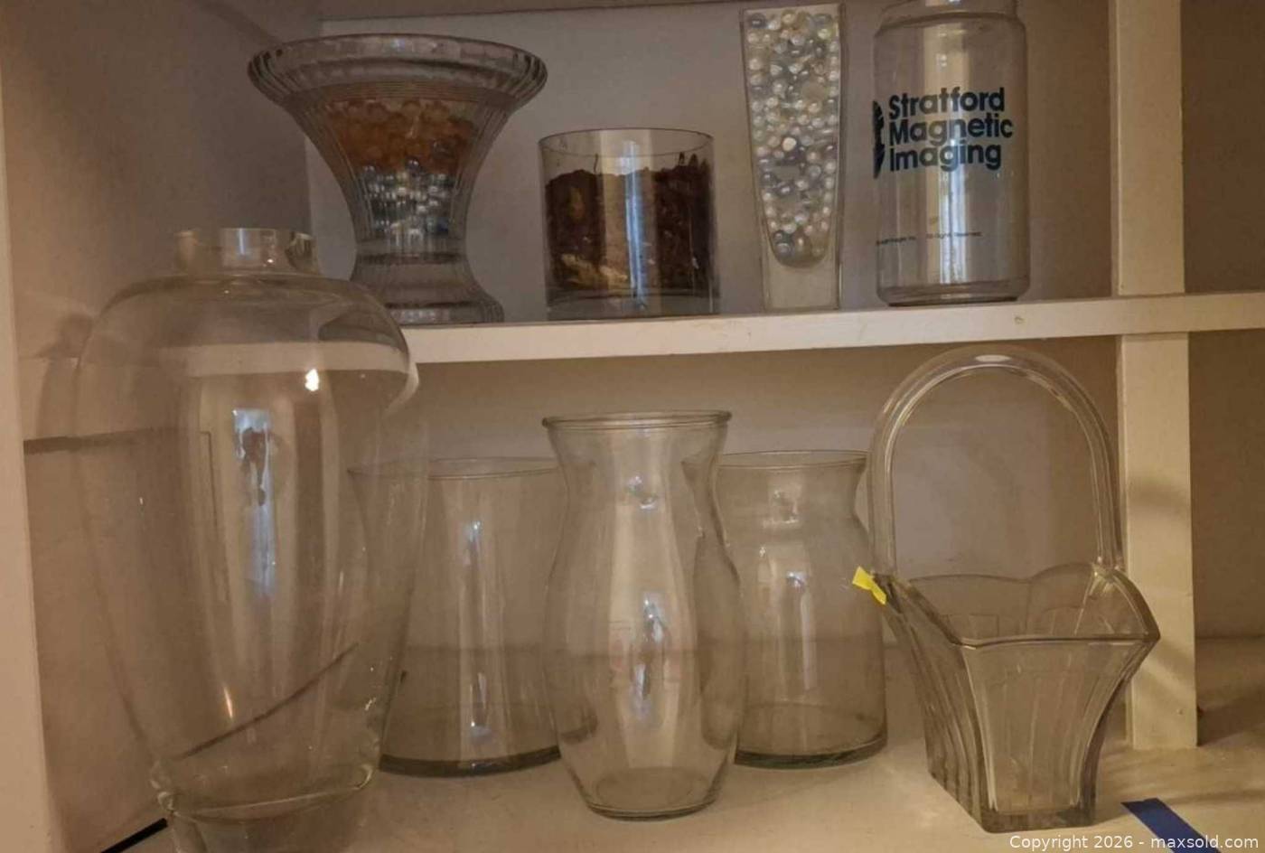 Assorted clear glass vases, compote bowl and basket | Maxsold
