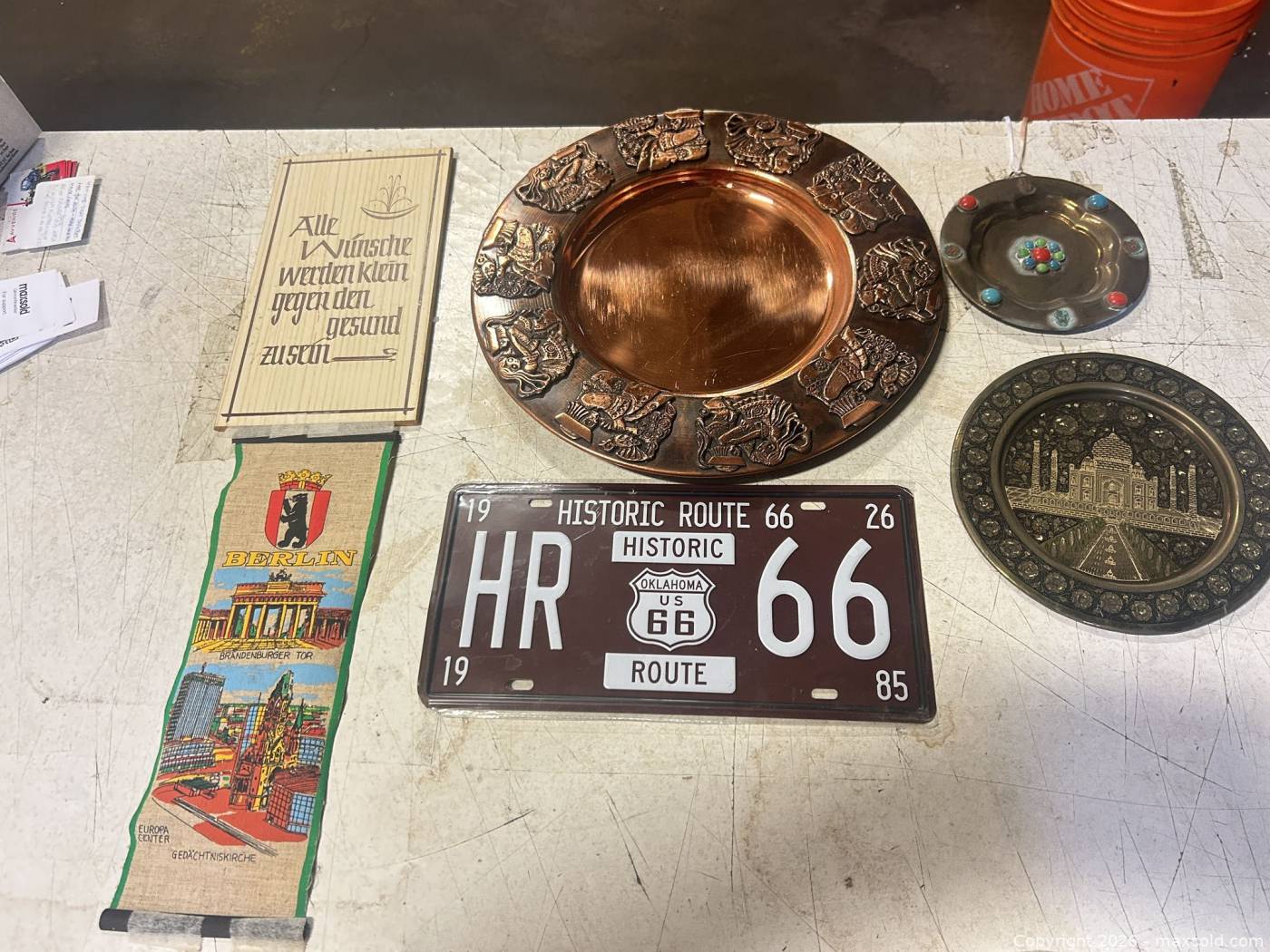 Decorative metal plates, ashtray, novelty Route 66 plate, German plaque ...