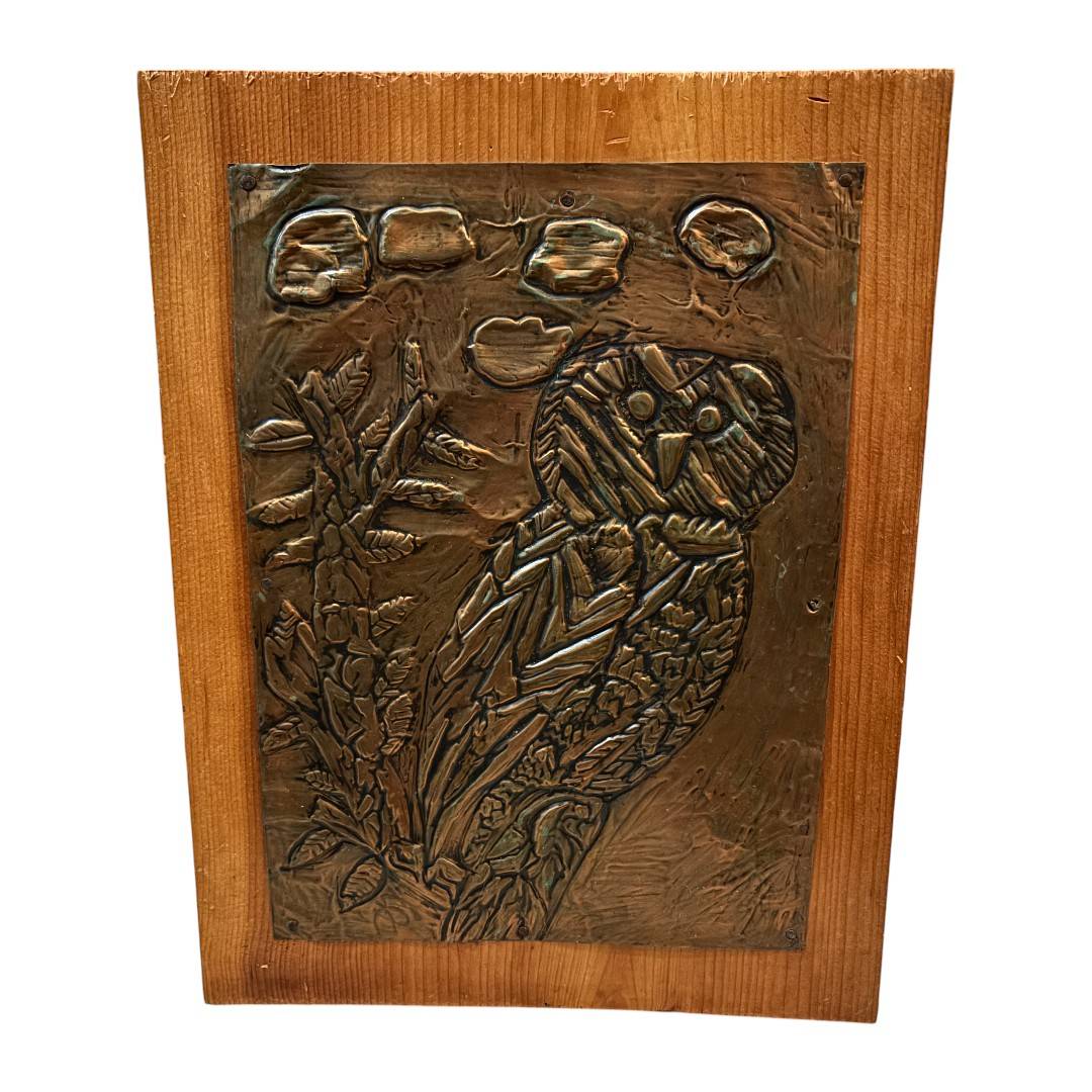 Copper repoussé owl wall plaque on wood panel | Maxsold
