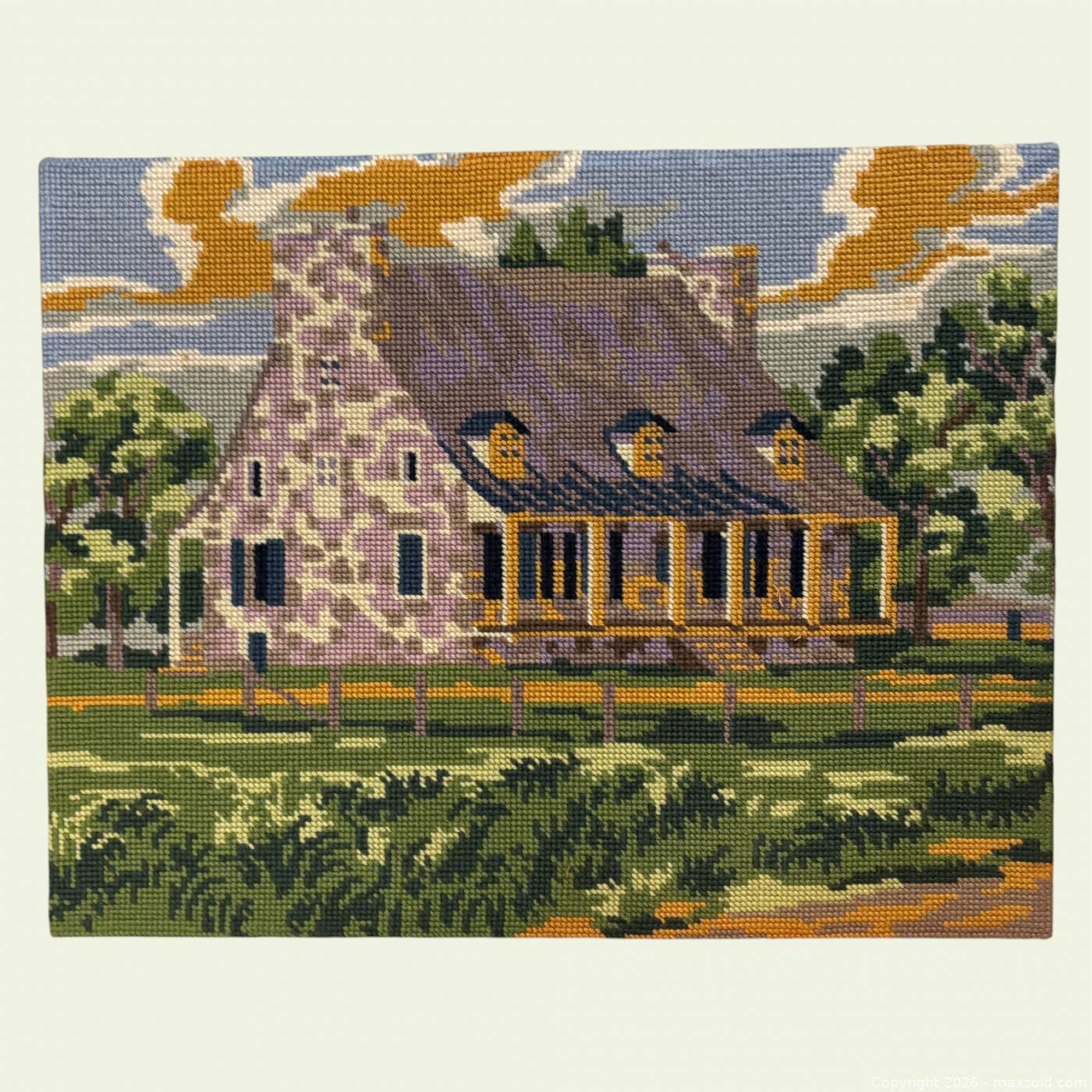 Canvas needlepoint farmhouse landscape 18x14 in | Maxsold