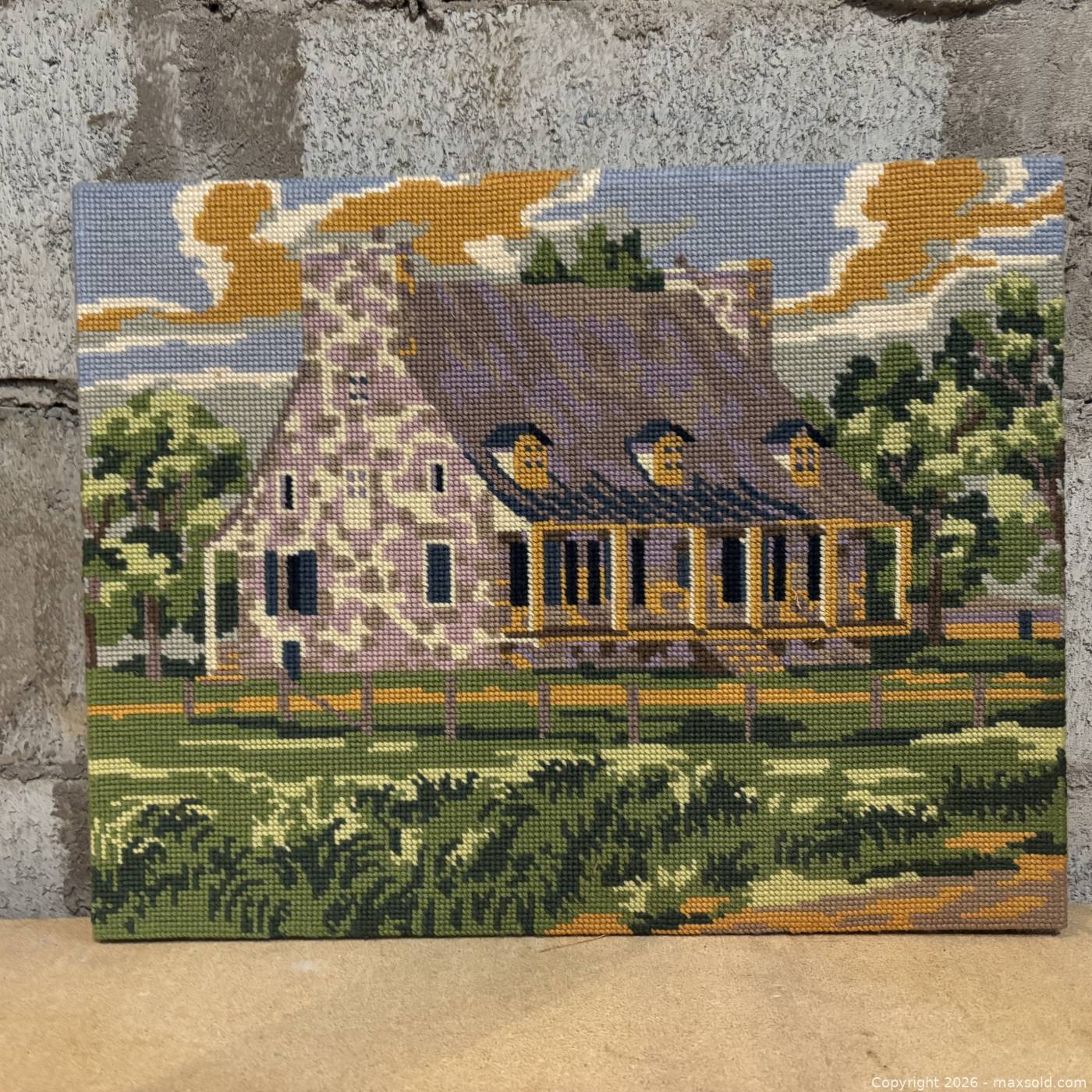 Canvas needlepoint farmhouse landscape 18x14 in | Maxsold
