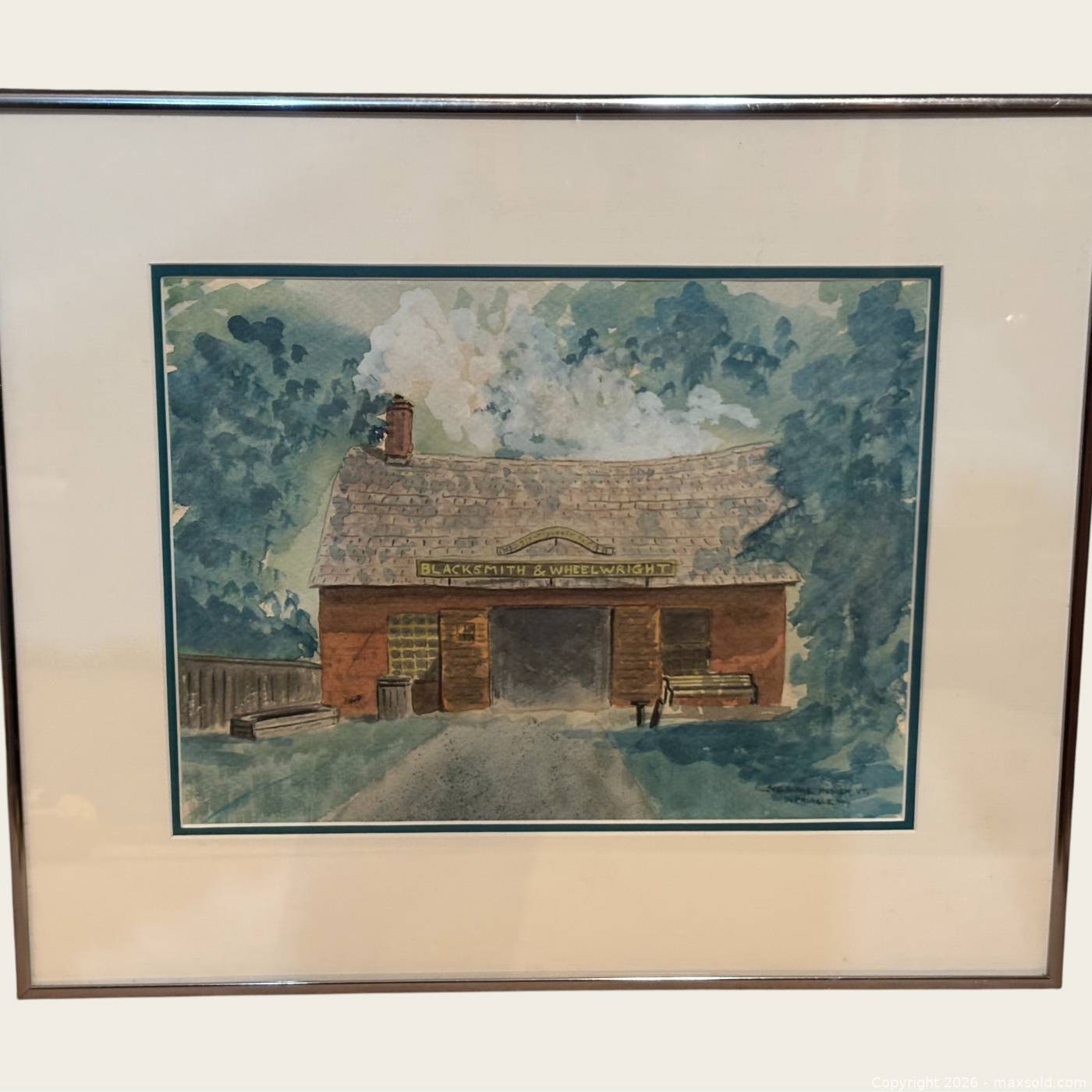 Framed watercolor of Shelburne Museum Blacksmith & Wheelwright building ...