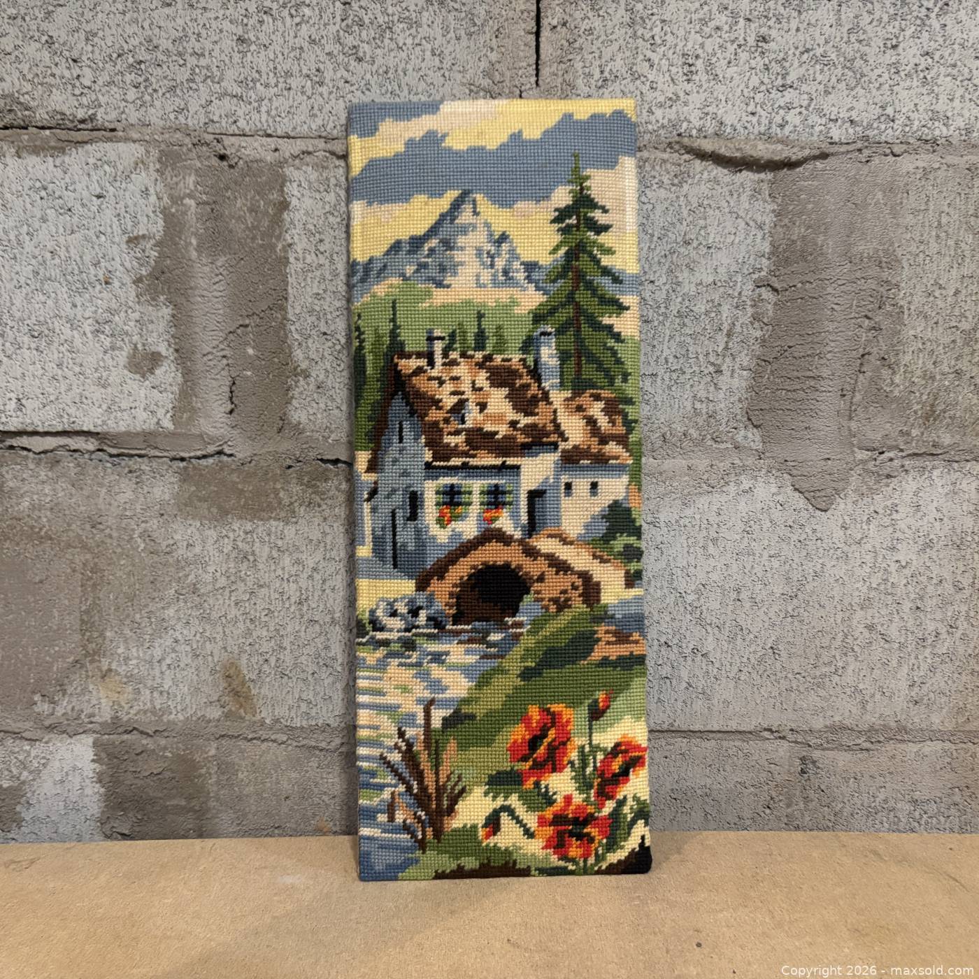 Hand-Stitched Needlepoint Cottage Landscape Tapestry | Maxsold