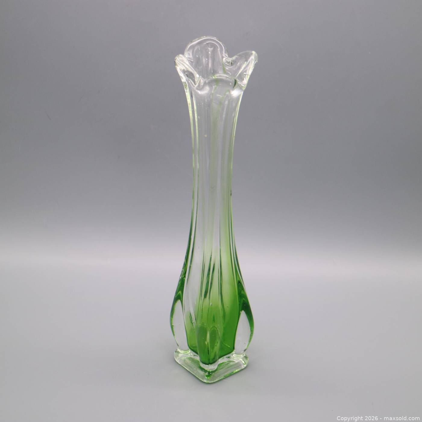 11" Green and Clear Fluted Art Glass Vase | Maxsold